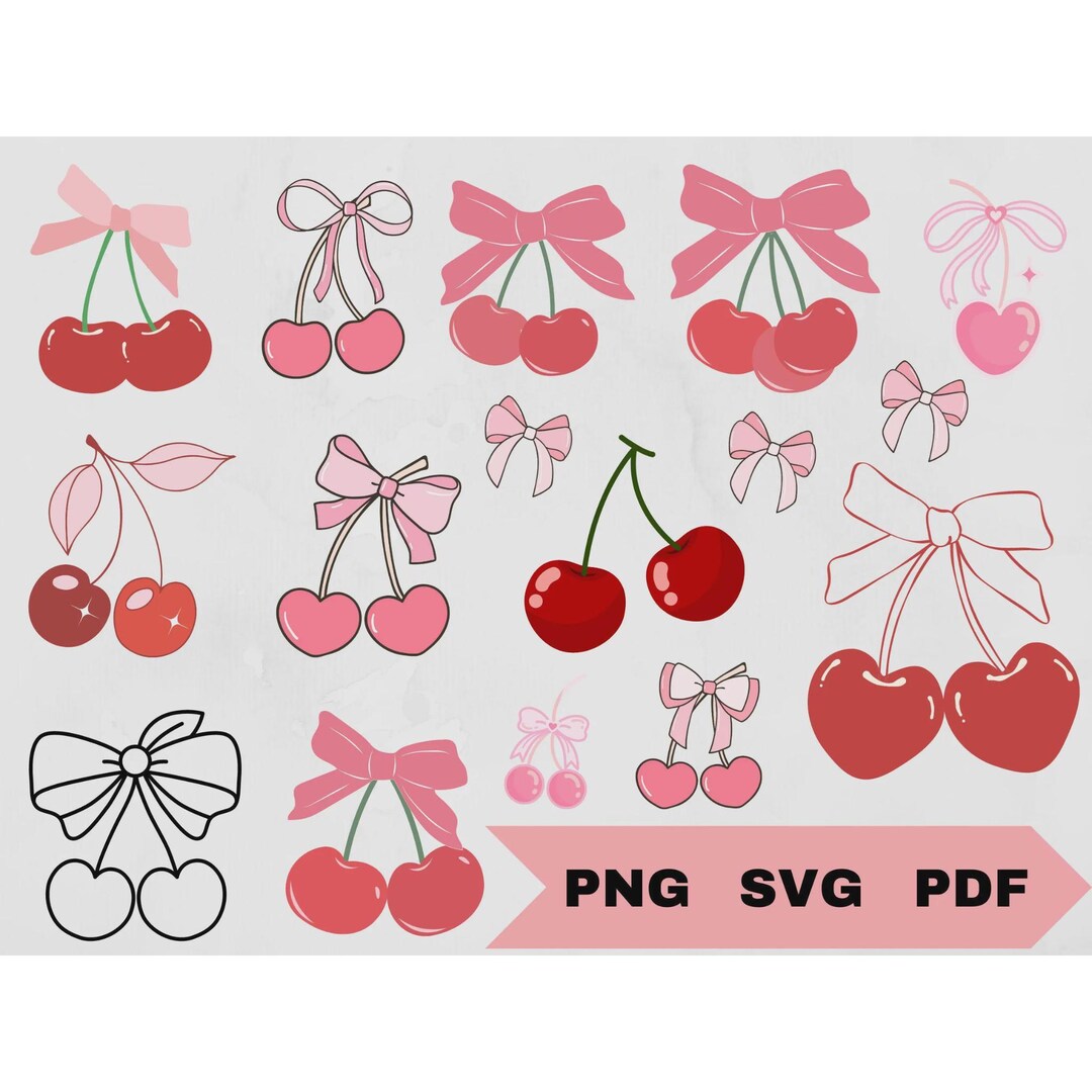 Coquette Cherry Clipart Set: Pink Bow, Vintage Style PNG, SVG, PDF ...