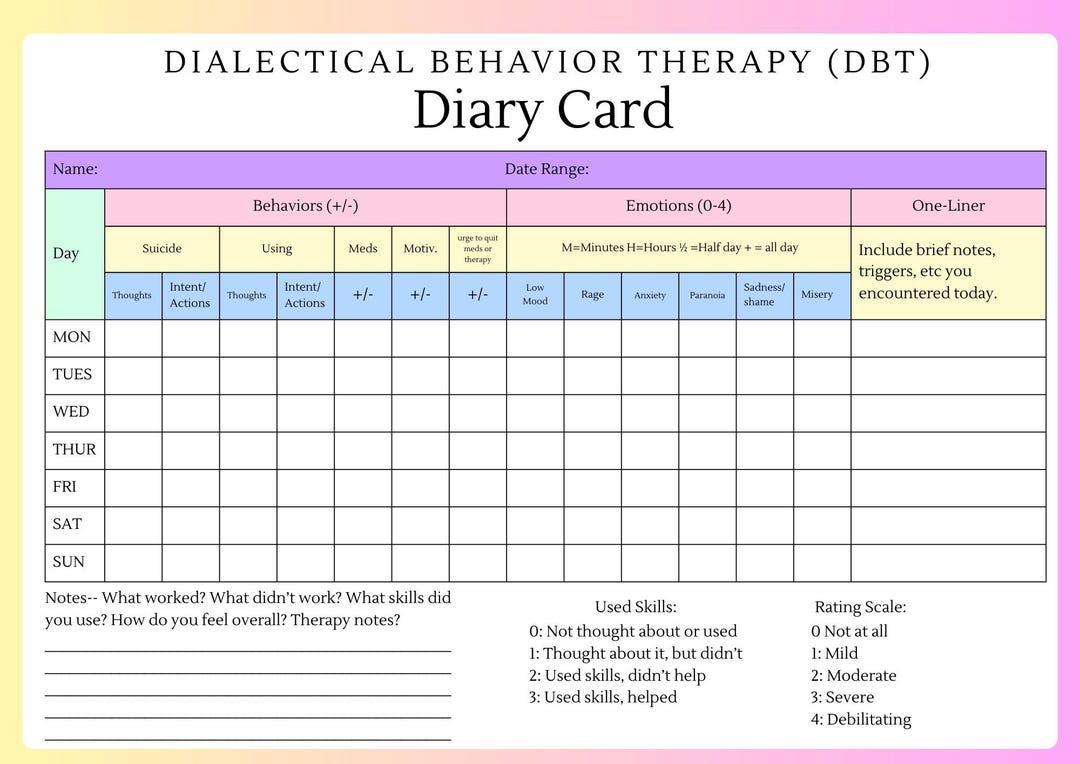 DBT Diary Card | DBT Skills Tracker | Mental Health Tracker | Printable ...
