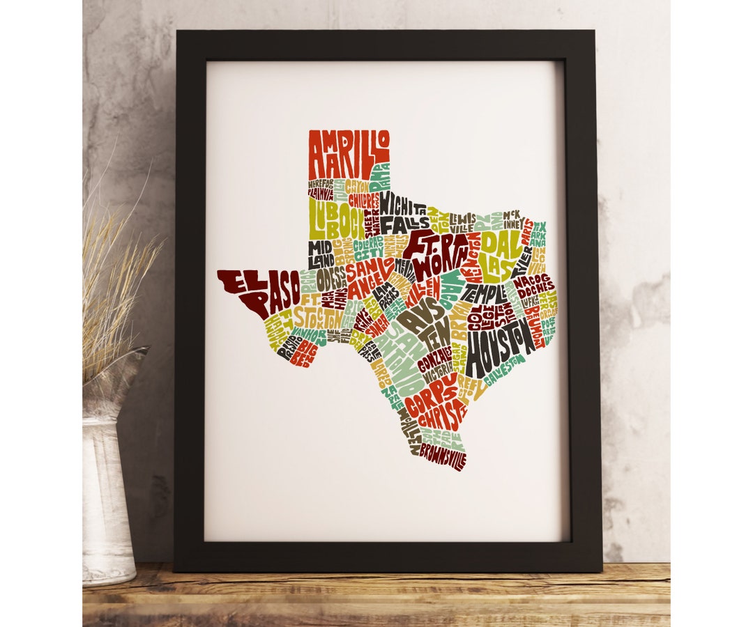 Texas Art Print FRAMED, Texas Map Art, Available in Several Colors and ...