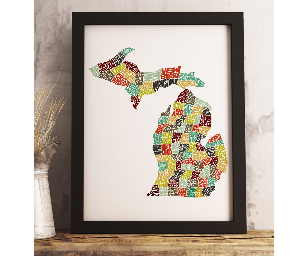 Michigan Art Print FRAMED, Michigan Map Art, Available in Several ...