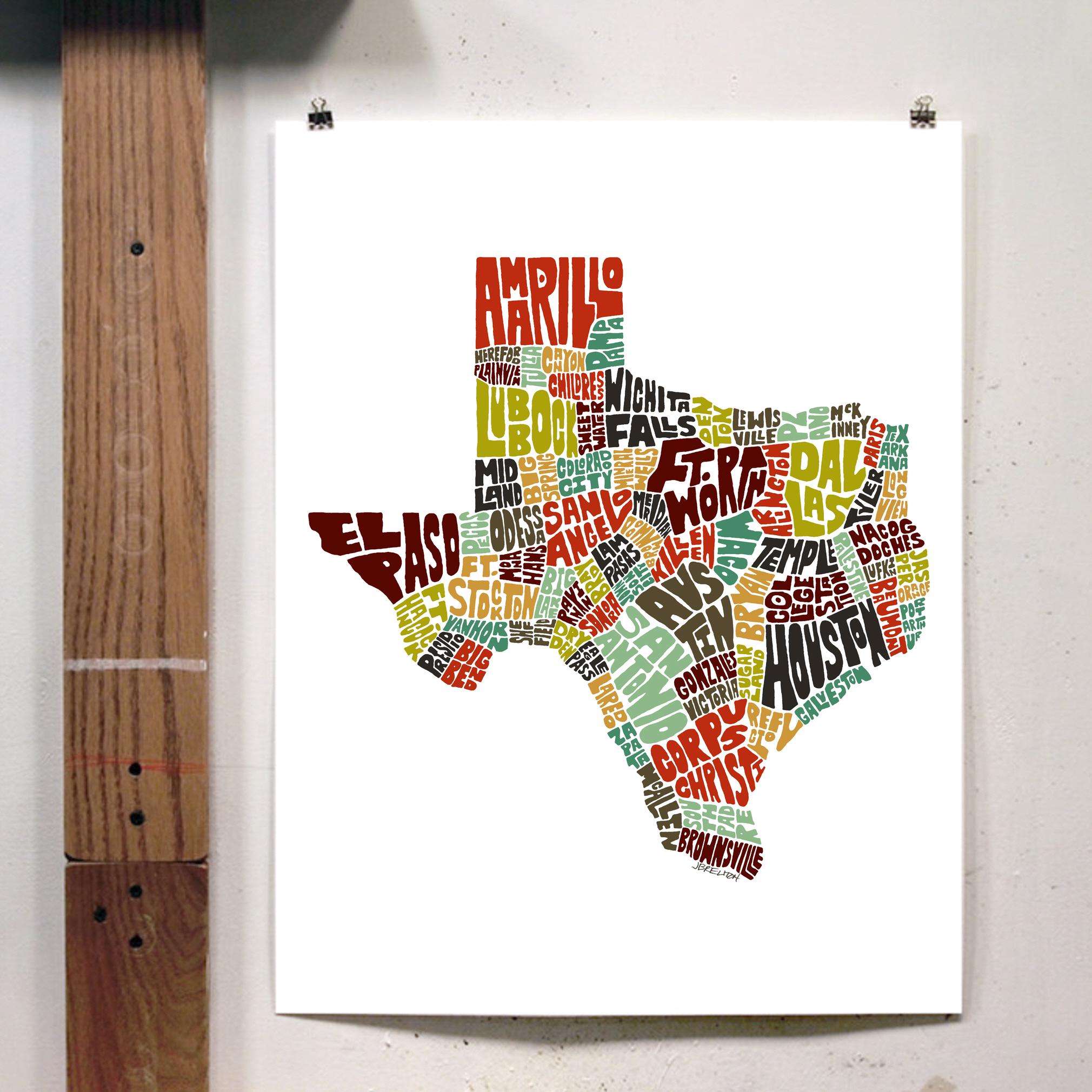 Texas Map Art Print, Texas Art & Maps, Signed Print of My Original Hand ...