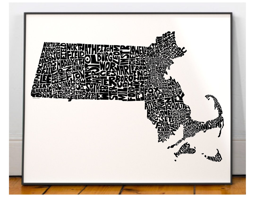 Massachusetts Map Art, Massachusetts Map Print, Massachusetts Art Print ...