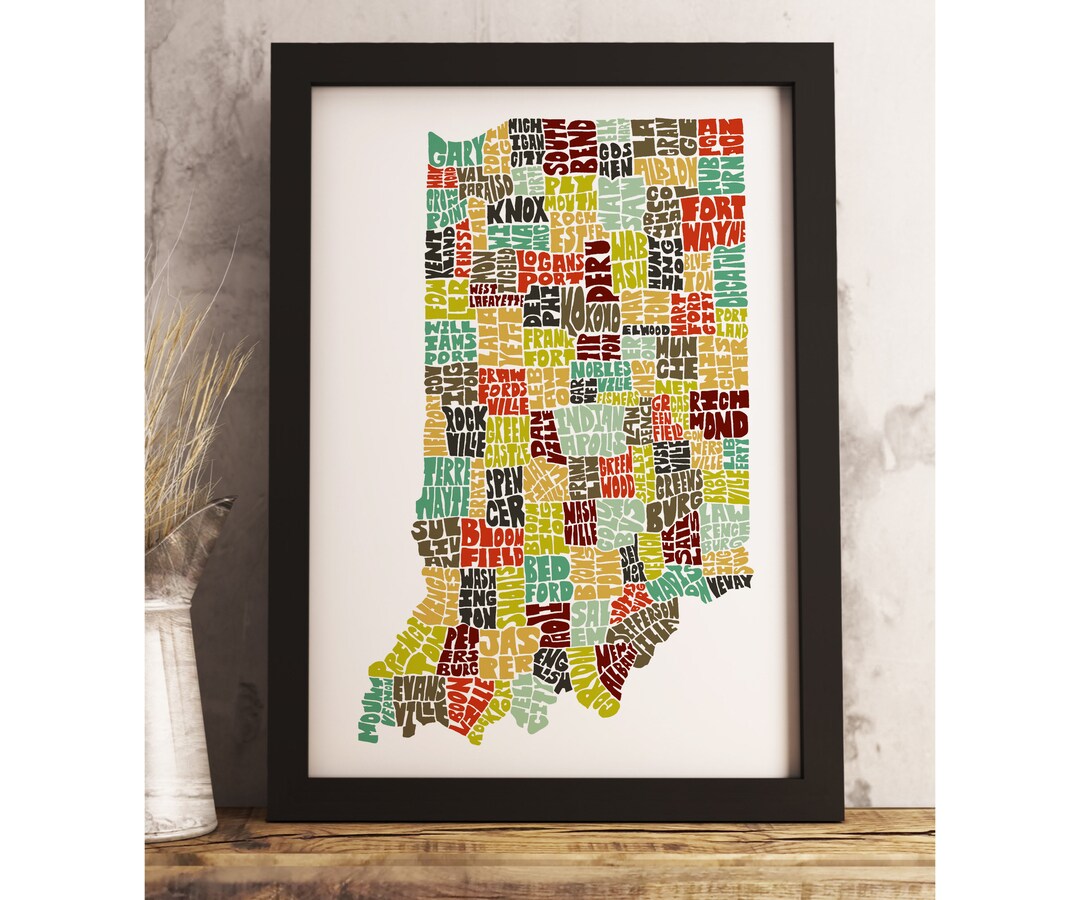 Indiana Art Print FRAMED, Indiana Map Art, Available in Several Colors ...