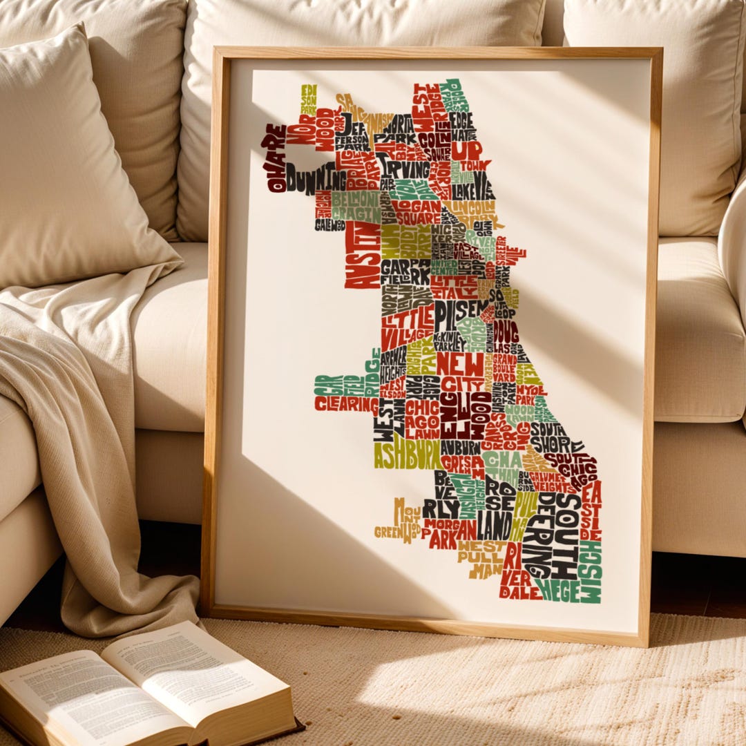 Framed CHICAGO Neighborhood Art Print, Chicago Map Art, Available in ...