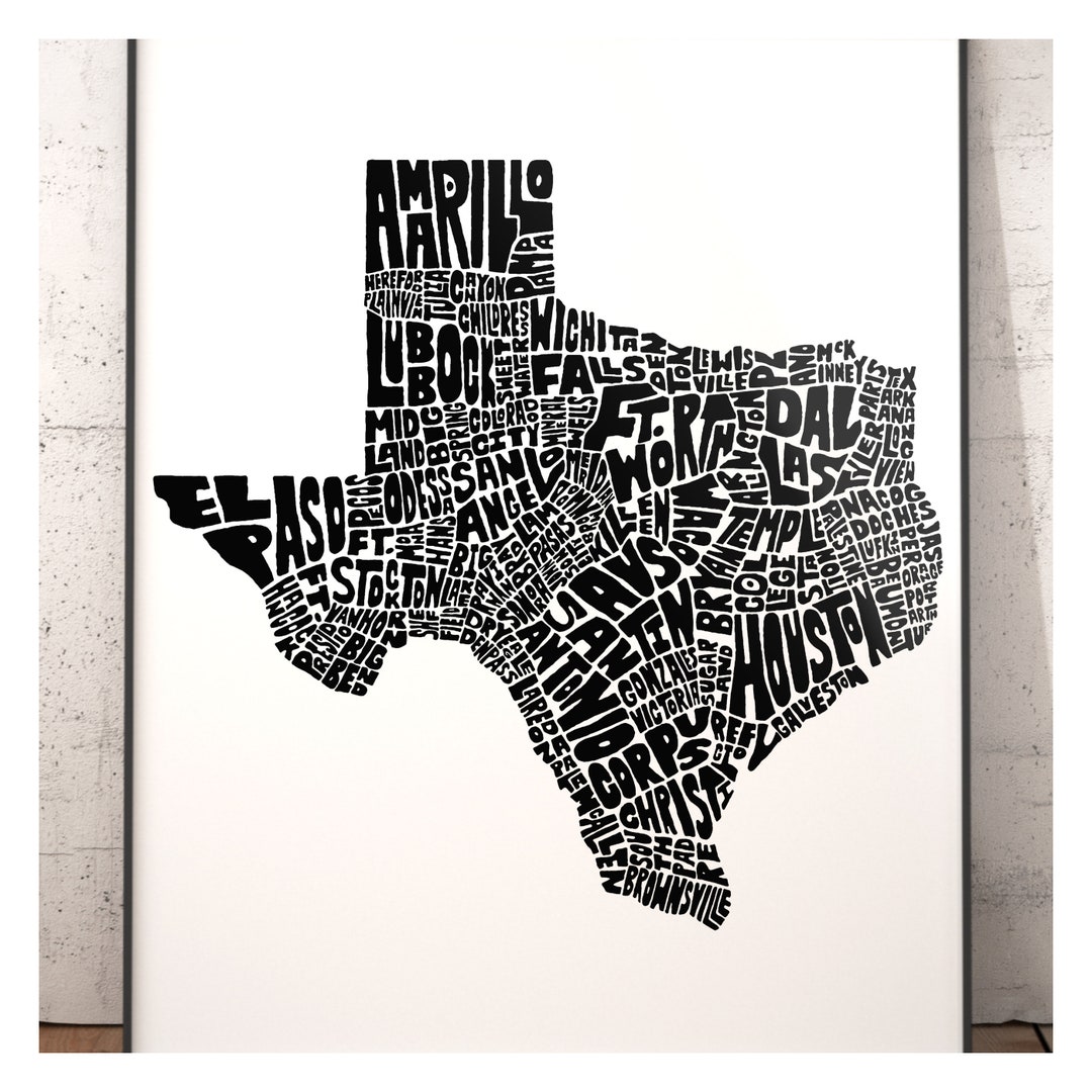 Texas Map Art Print, Texas Art Poster, Available in Several Colors and ...