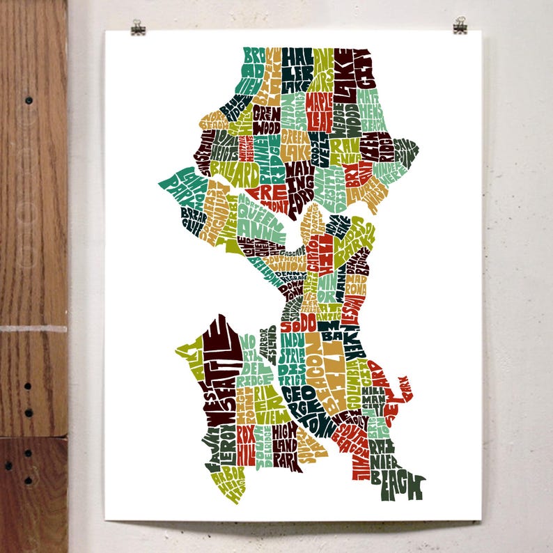 Seattle Neighborhood Map Art Print, Signed Print of My Original Hand ...