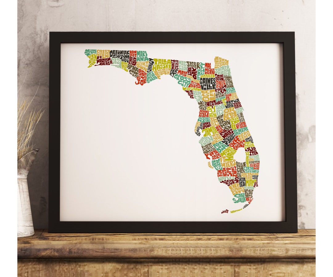 Florida Art Print FRAMED, Florida Map Art, Available in Several Colors ...