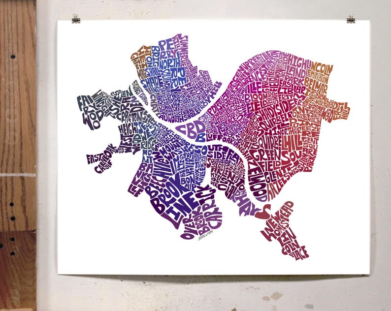 Pittsburgh Neighborhood Map Art Print, Signed Print of My Original Hand ...
