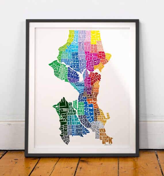Seattle Neighborhood Map Art Print Seattle wall decor | Etsy