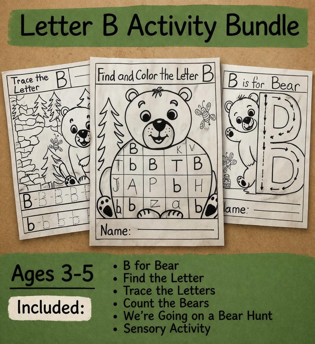 Preschool Letter B Activity Pack | Bear Tracing, Counting, Coloring ...
