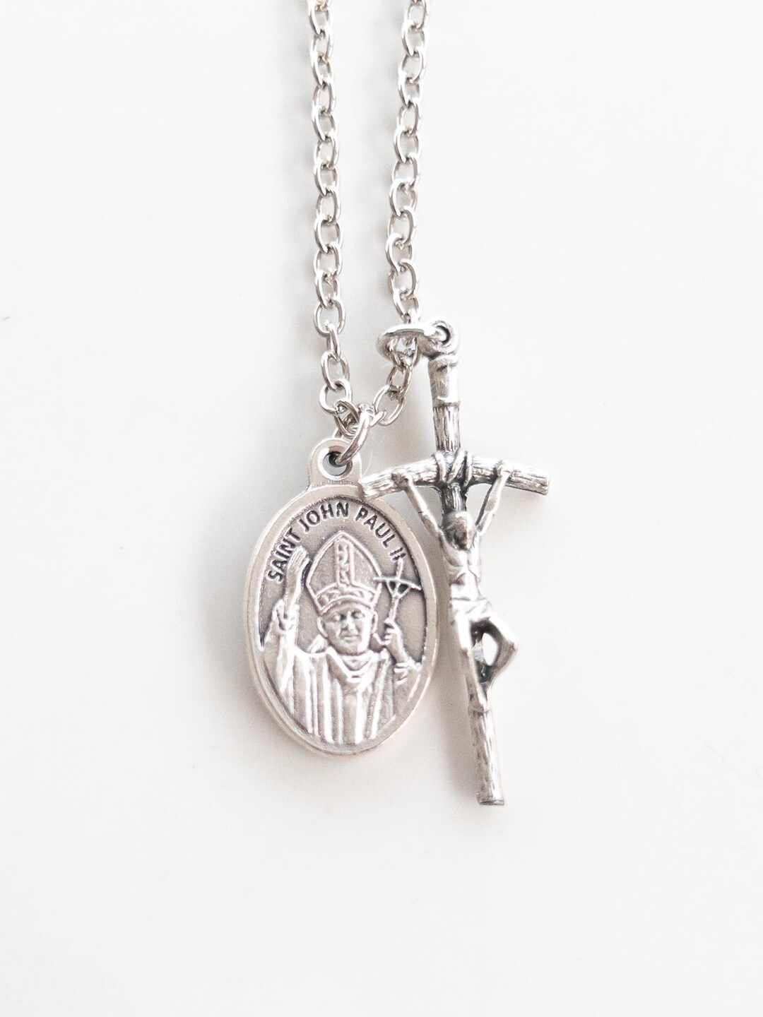 St. John Paul II Medal Necklace - Pope JPII Crucifix - Catholic ...