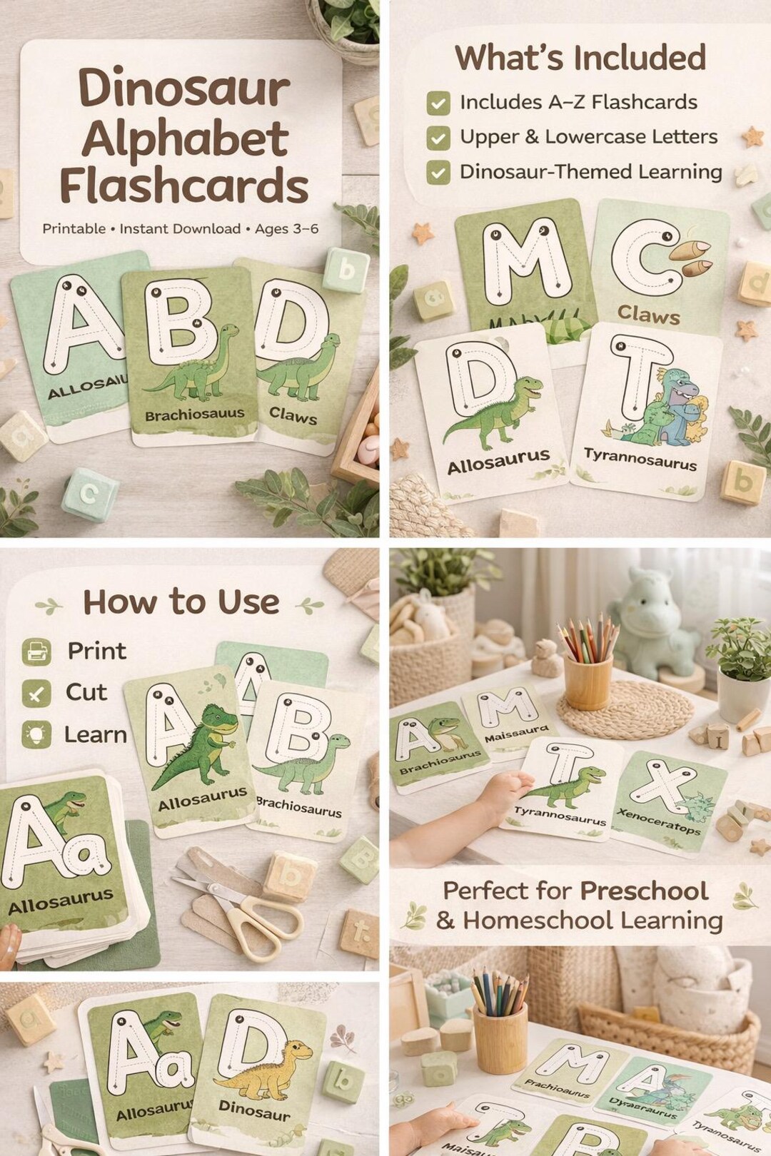 Dinosaur Alphabet Flashcards Printable | ABC Cards for Kids | Preschool ...