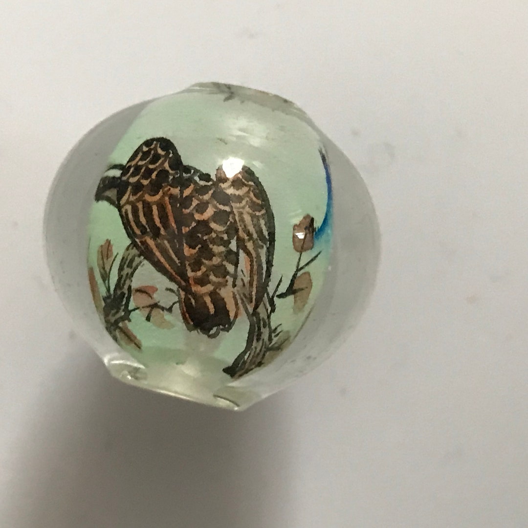 One Dazzling Vintage Chinese Reverse-painted Glass Bead: Hawk on a ...