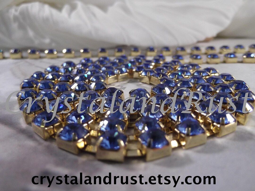 6mm Capri Blue Rhinestone Cup Chain --- Gold Base Metal --- 1 Yard (36 ...