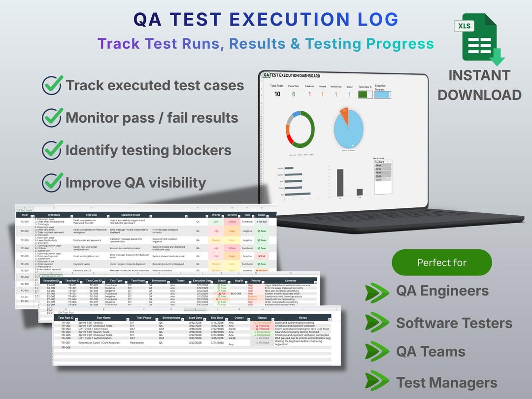QA Test Execution Log Excel Template | Software Testing Tracker | Test ...
