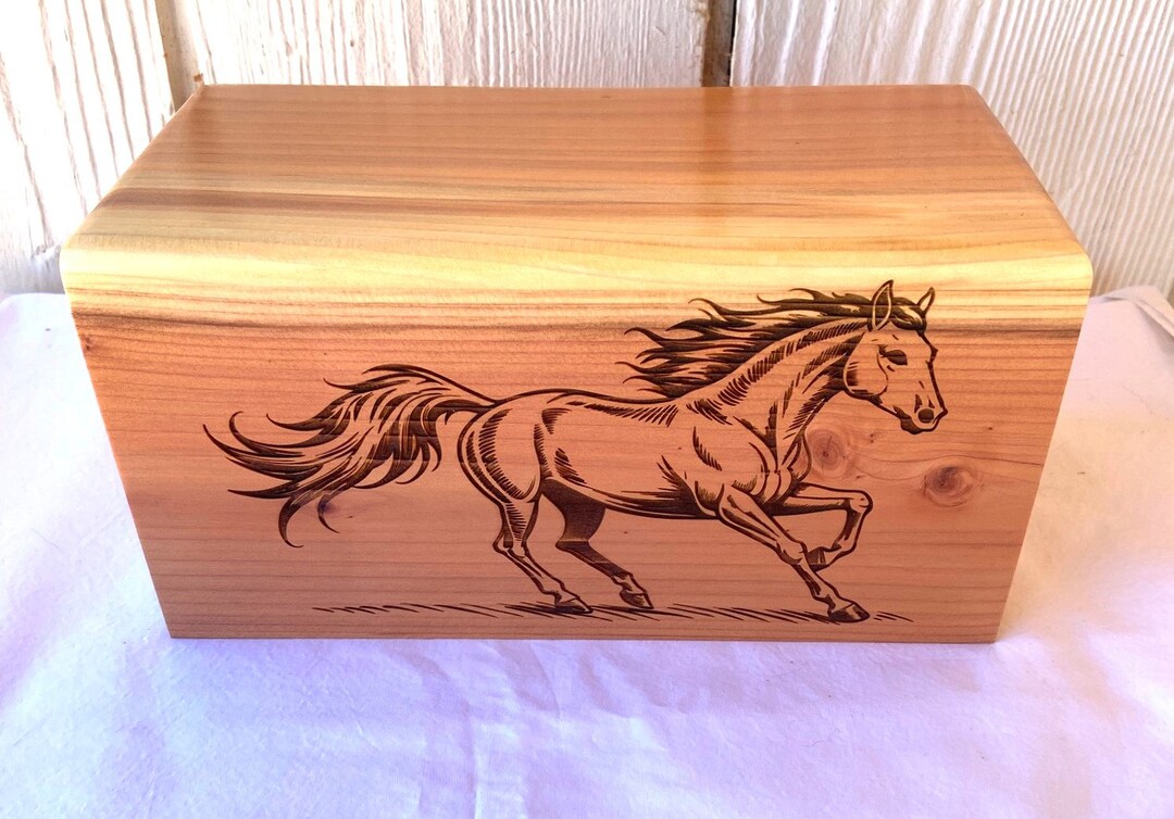 Wooden Cremation Urn With Engraved Horse. - Wood Cremation Urn ...