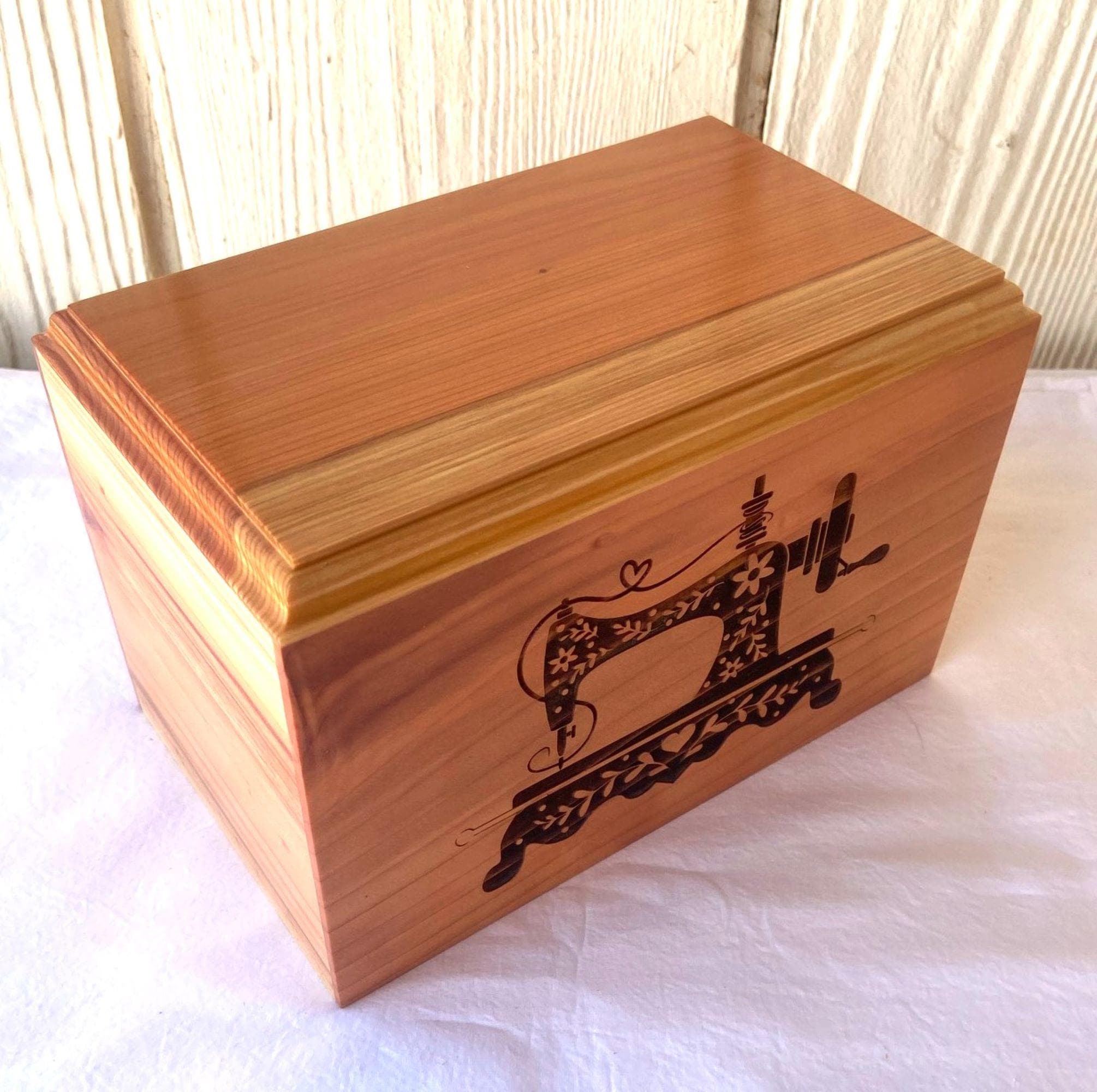 Small Wood Cremation Urn: Engraved Sewing Machine Design - Etsy