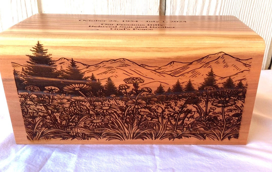 Laser Engraved Wood Cremation Urn: Mountain & Wildflower Design - Etsy