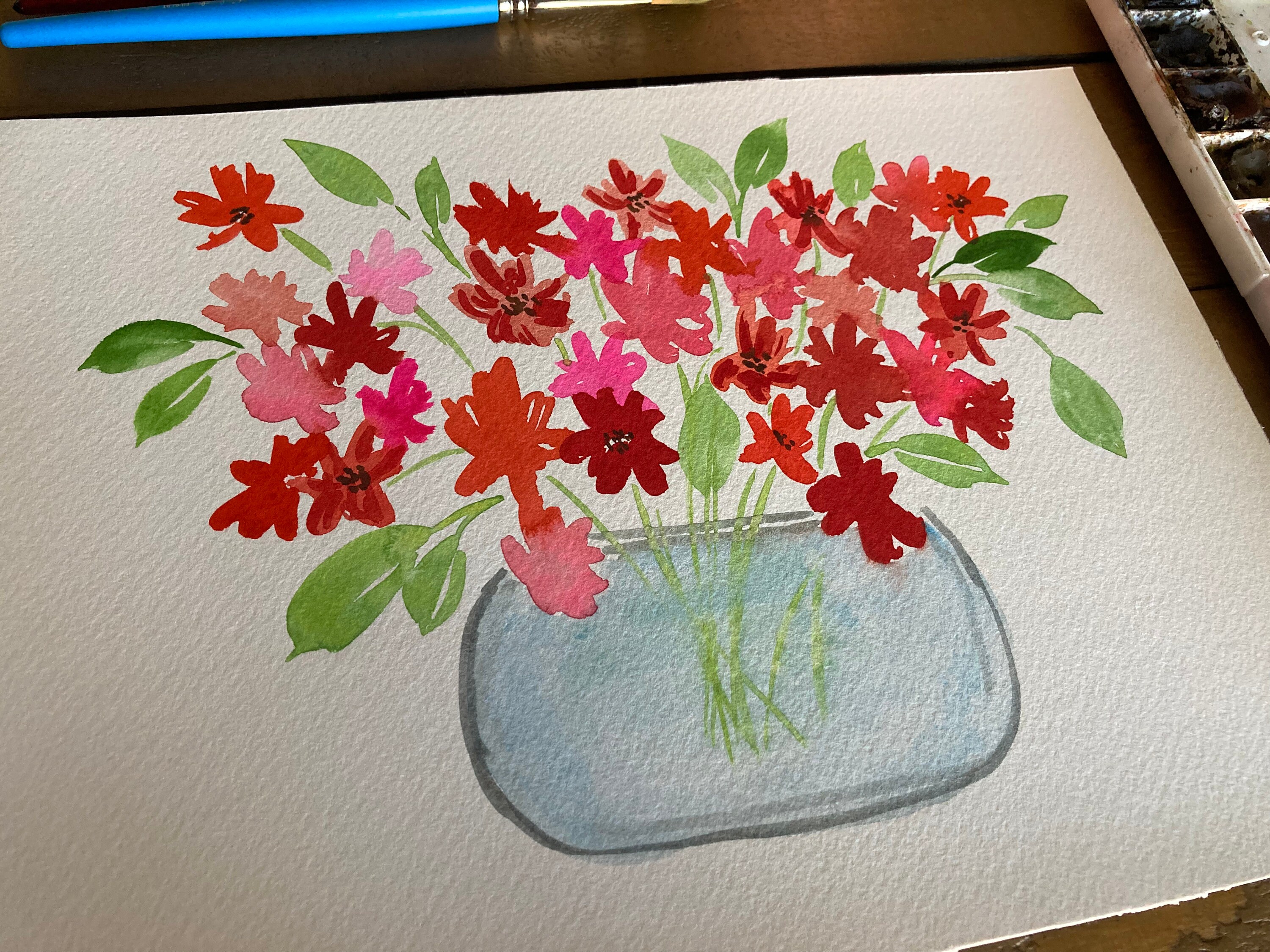 Rosy Bloom Vase Watercolor Original - Etsy