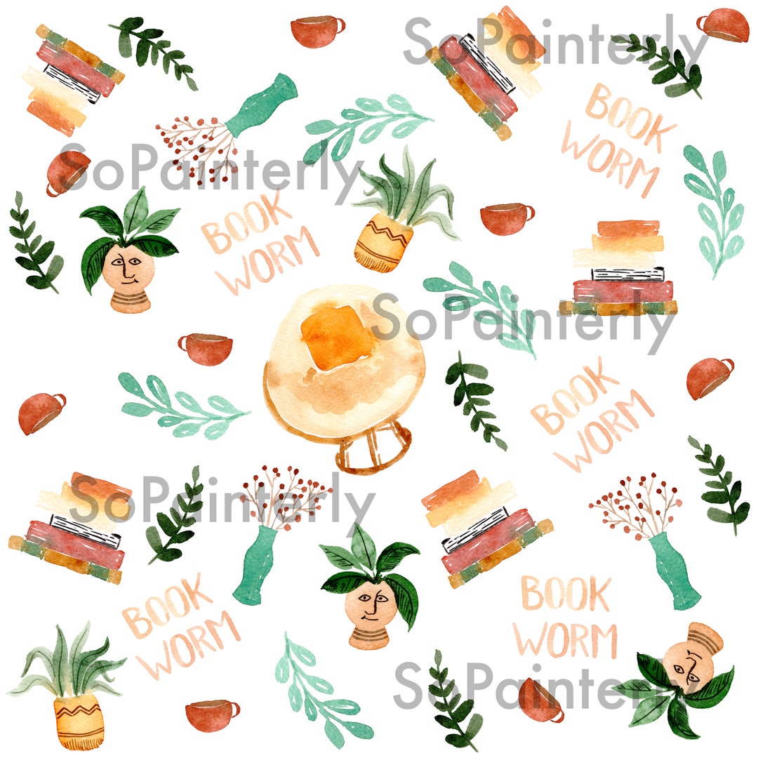 Book Worm Watercolor Printable Wrapping Paper & Scrapbook Background ...