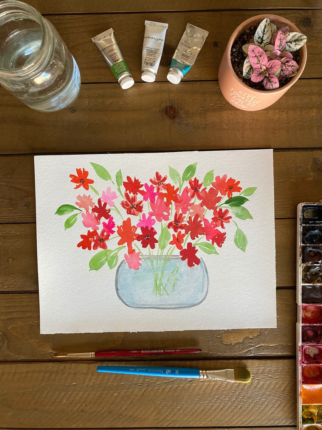 Rosy Bloom Vase Watercolor Original - Etsy