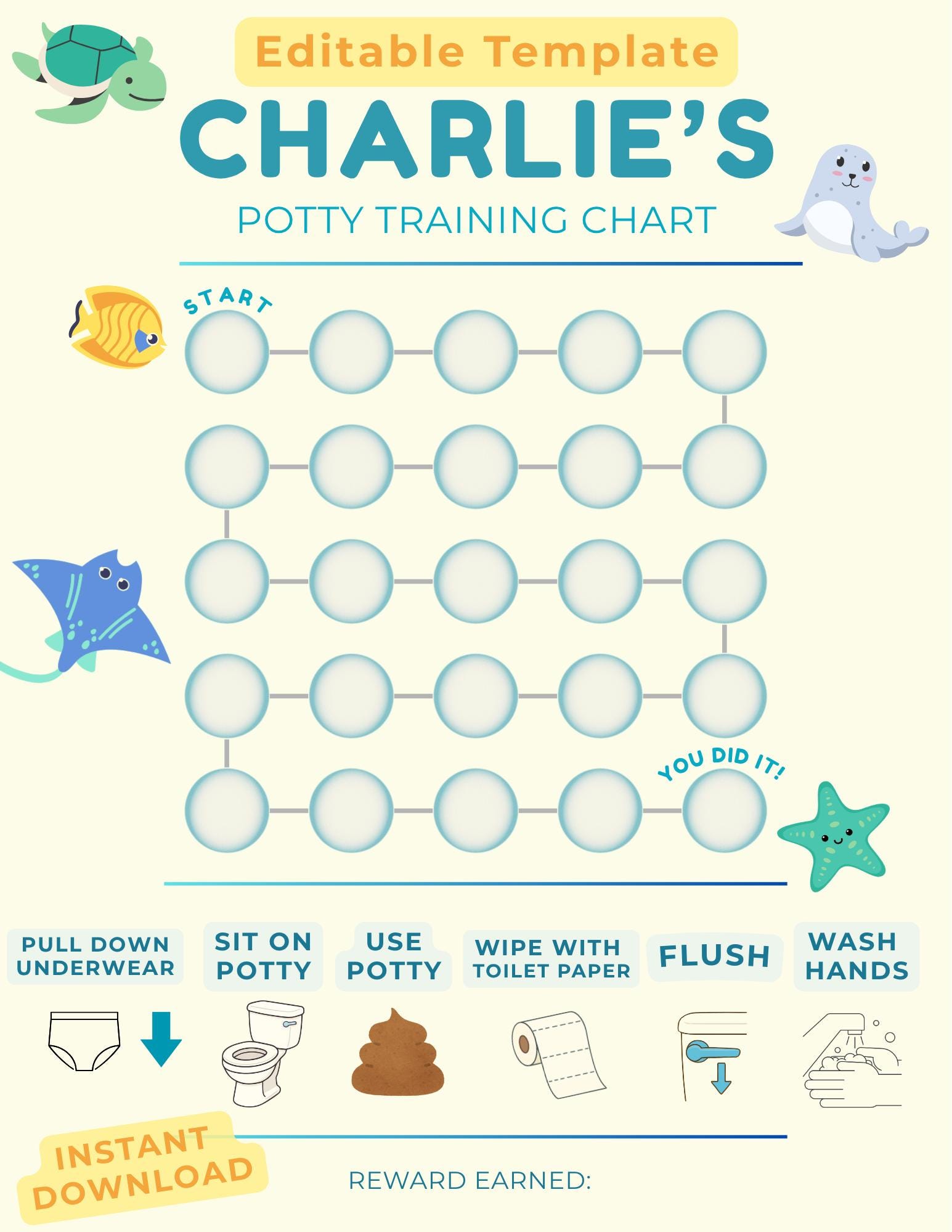 Potty Training Chart for Toddlers | Editable Name | Ocean Theme ...