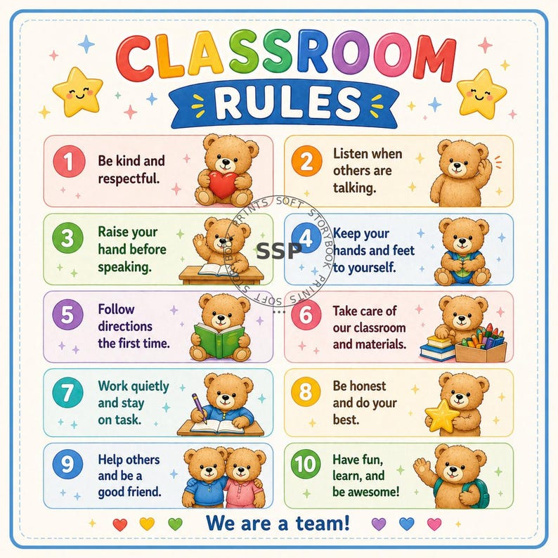 Classroom Rules Poster Wall Art | Teddy Bear Preschool Kindergarten ...