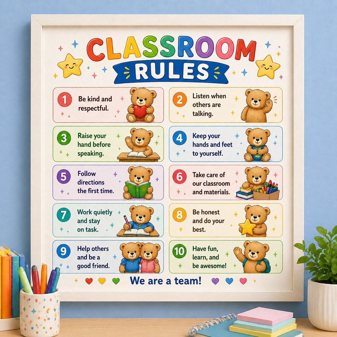Classroom Rules Poster Wall Art | Teddy Bear Preschool Kindergarten ...