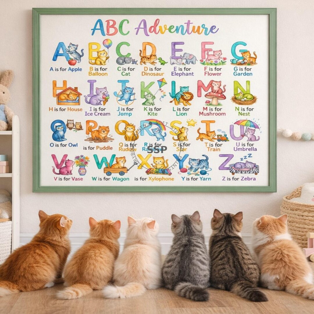 ABC Adventure Cats Pastel Print | Learn the Alphabet Wall Art | Kids ...