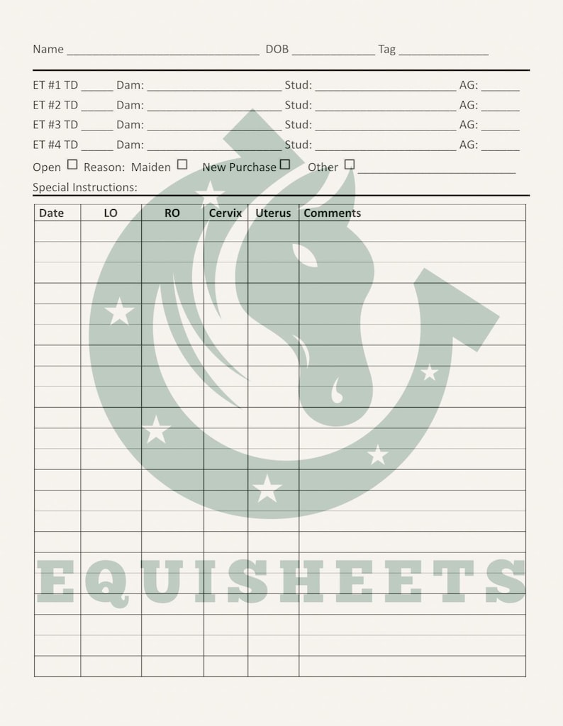 Palpation Card RECIP - Template, Chart, Breeding - Etsy