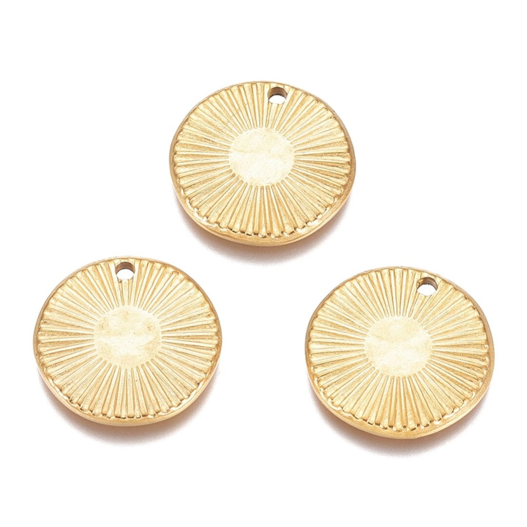 3- Textured Round Flat Pendant • Gold Stainless Steel • Tiny Minimal ...