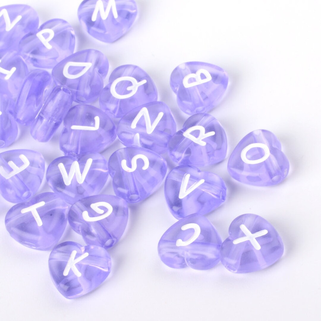 100 Pcs - Transparent Purple Heart Letter Beads • Acrylic Heart Bead ...