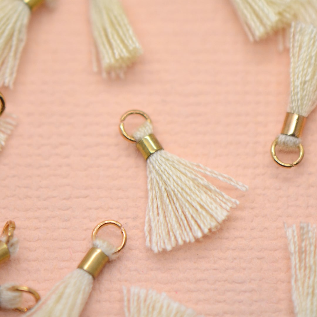 5 pcs Mini Cream Cotton Jewelry Tassel w/ Gold Jump Ring 15mm Long ...