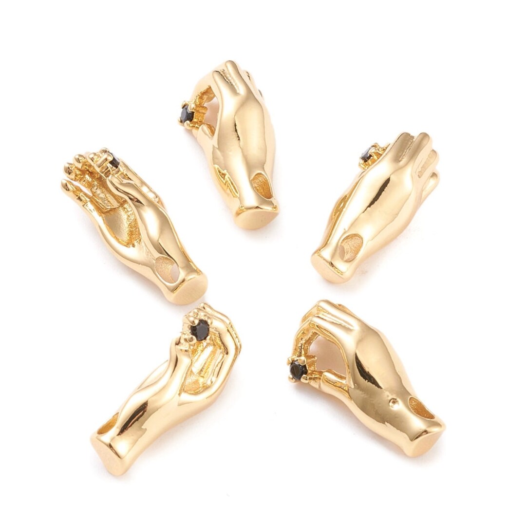 2-hand Pendant • Real 18K Gold Plated • Hand Holding Black Zirconia Gem ...