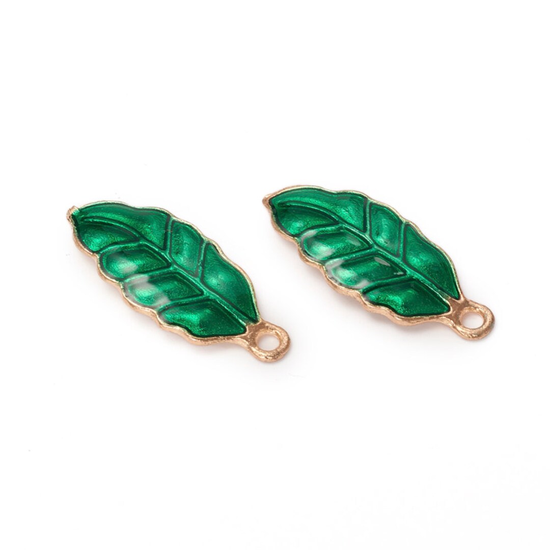 2 - Green Leaf Charm • Green Enamel Leaf • Light Gold Plated Alloy ...
