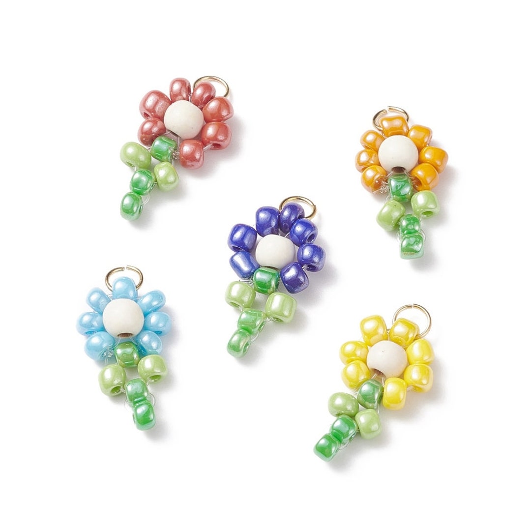 5 - Glass Seed Beaded Flower Charms * Synthetic Turquoise Beads and ...