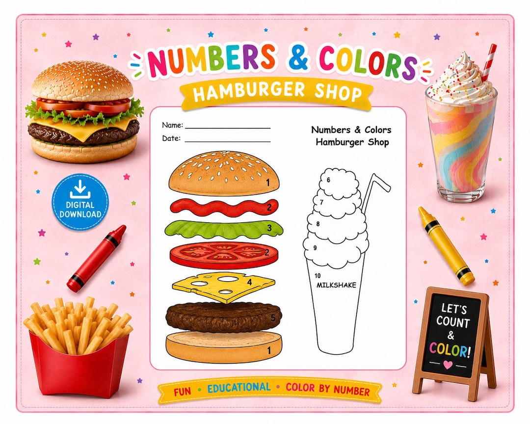Numbers 1-10 Color Match Worksheet PDF | Hamburger Shop Coloring ...