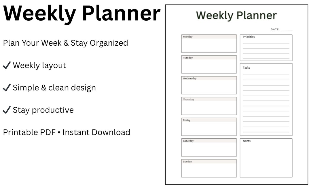 Simple Weekly Planner PDF | Productivity Schedule (instant Download ...