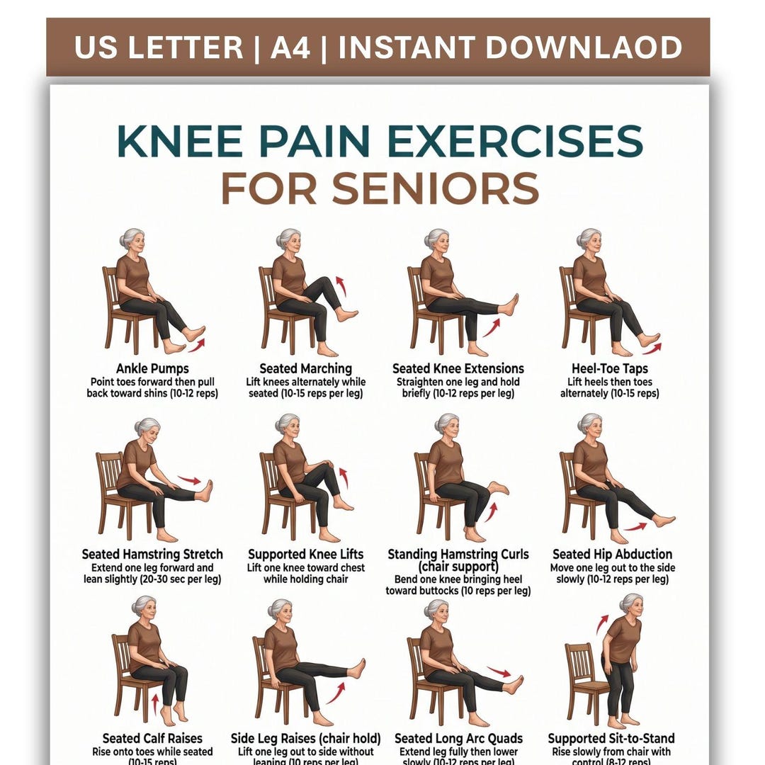 Knee Pain Relief Exercises for Seniors Printable | Gentle Knee Strength ...