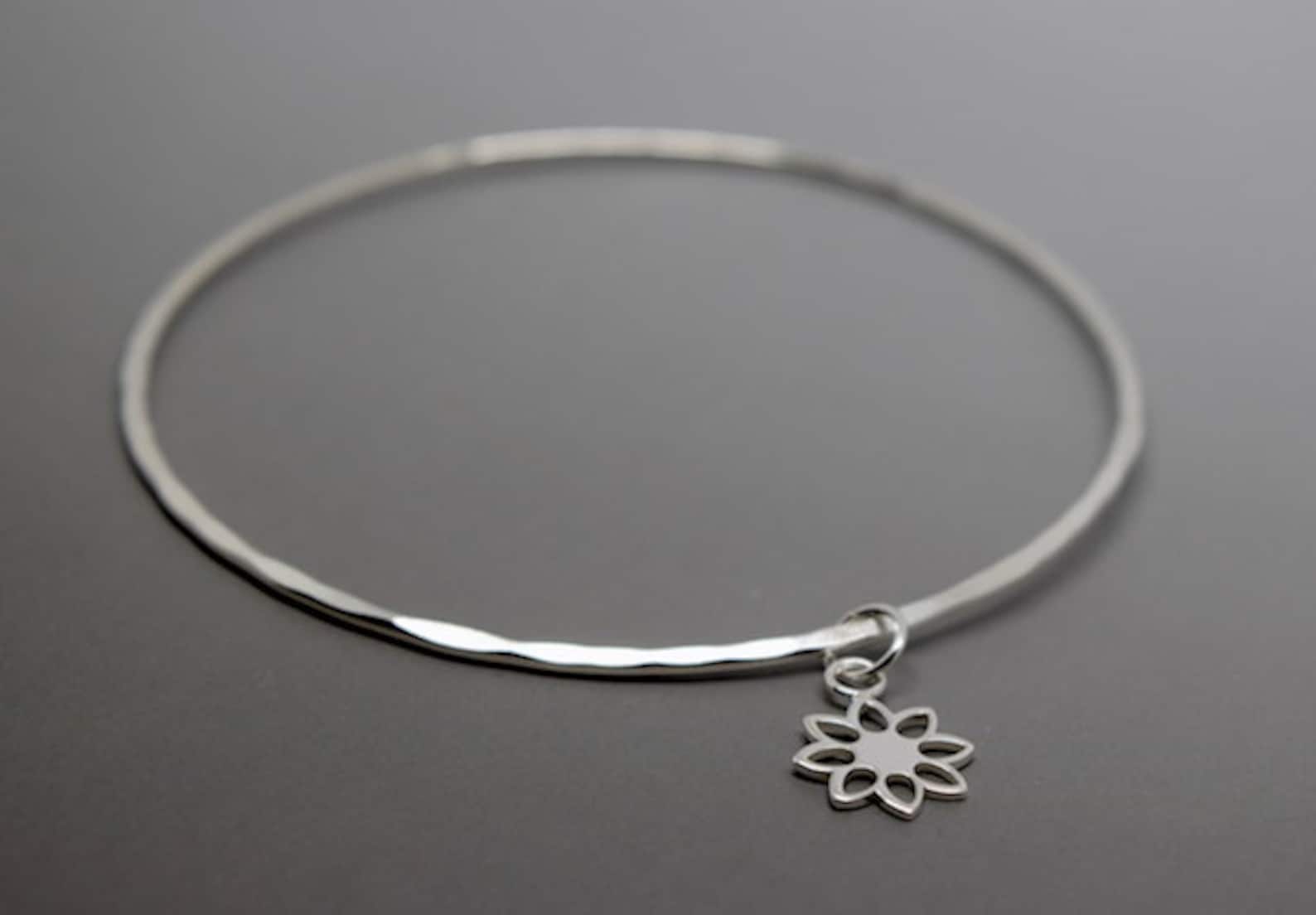 Silver Flower Charm Bangle - Solid Sterling Silver 925 Hammered Open ...