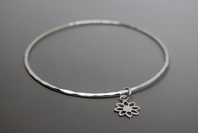 Silver Flower Charm Bangle - Solid Sterling Silver 925 Hammered Open ...