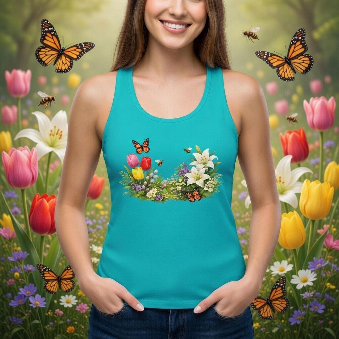 Spring Floral Garden Tulips Lilies Butterflies Bees Tank - Etsy