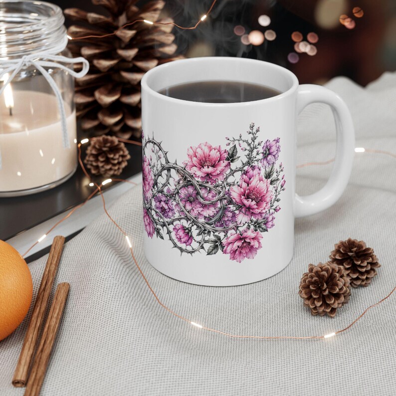 Intertwined Pink Roses and Thorns Mug | Ceramic Coffee Cup - Etsy