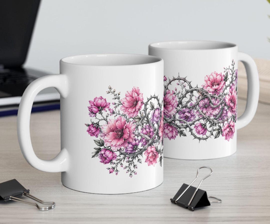 Intertwined Pink Roses and Thorns Mug | Ceramic Coffee Cup - Etsy