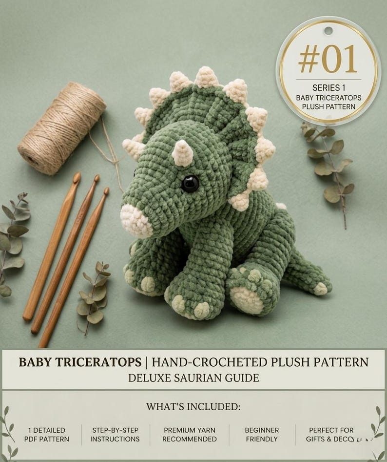 6 Crochet Dinosaur Plush Patterns, T-rex Triceratops Amigurumi (PDF ...
