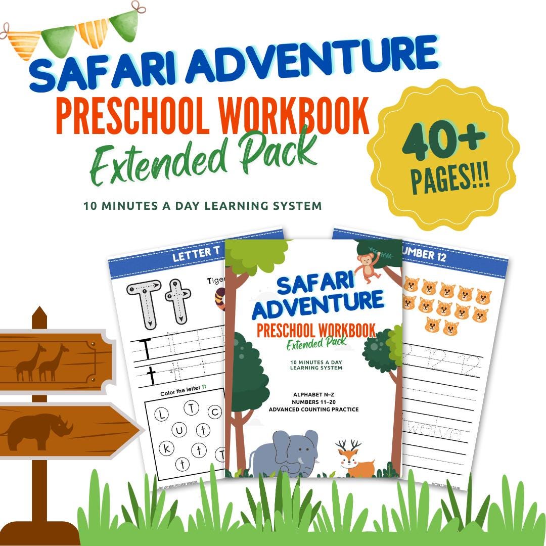 Safari Adventure Preschool Workbook | Alphabet N-Z, Numbers 11-20 ...