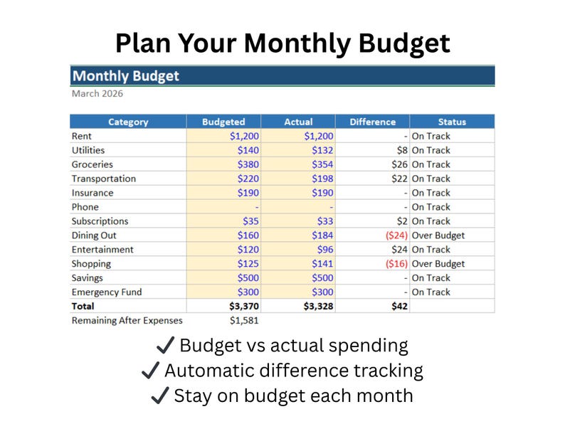 Monthly Budget Spreadsheet | Expense & Income Tracker | Personal ...