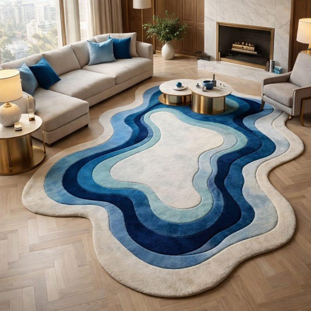 Wavy Abstract Rug Irregular Shape Modern Blue Accent Carpet Hand Tufted ...