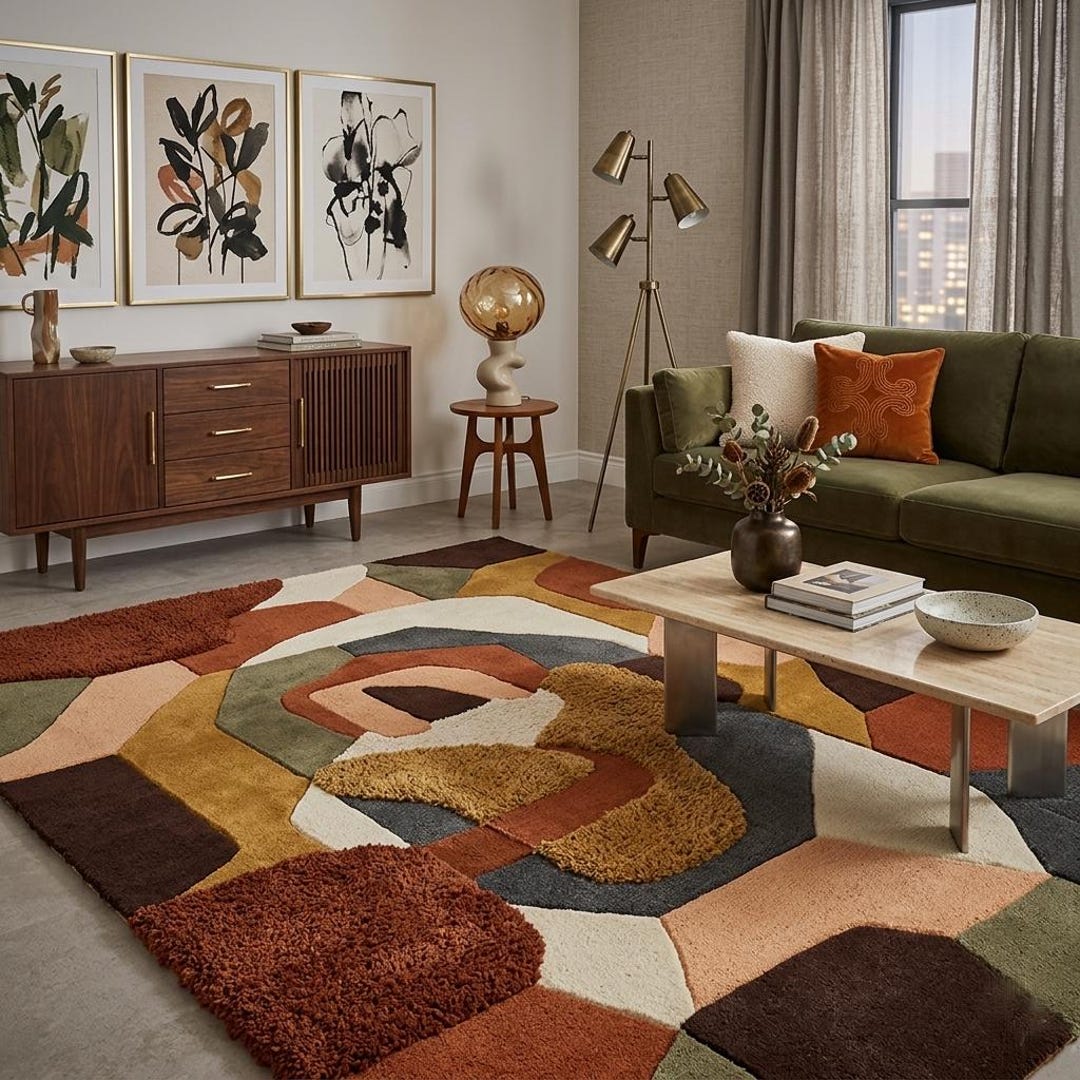 Abstract Geometric Rug, Mid Century Modern Carpet, Colorful Wool Area ...