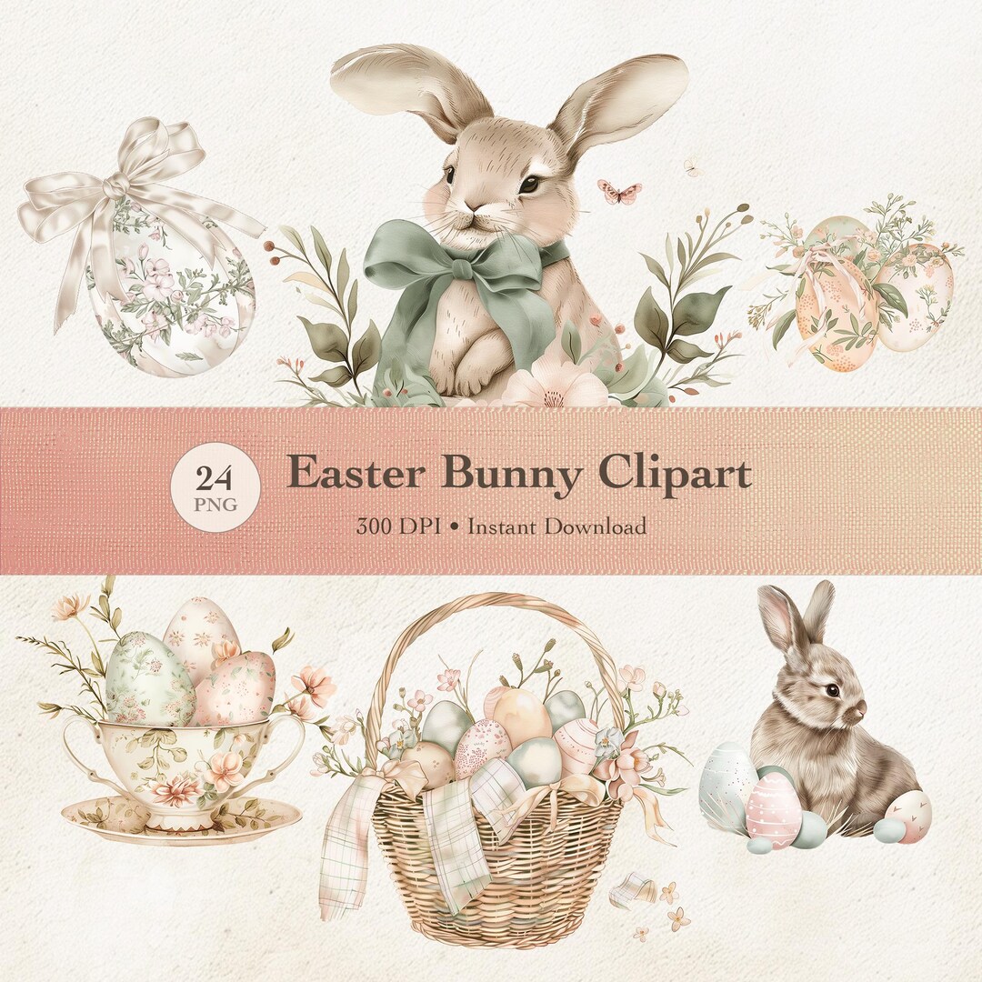 Watercolor Easter Bunny Clipart, Pastel Floral Eggs Spring PNG (digital ...